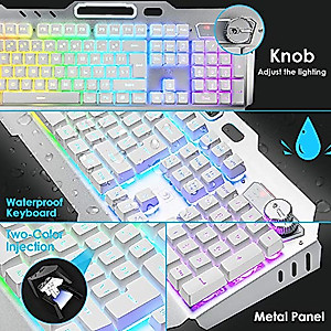 Wireless Gaming Keyboard and Mouse,16 Kinds RGB LED Backlit Rechargeable Keyboard Mouse with 4800mAh Battery Metal Panel,Mechanical Feel and Gaming Mute Mouse for PC Gamers(White RGB Backlit)