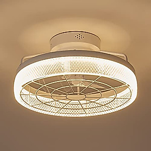 YUZEAL 18.9 Inch Low Profile Ceiling Fans with Lights and Remote, Modern Small bladeless Farmhouse Caged Round Flush Mount Dimmable LED Lighting, Memory, 3 Colors, Reversible Blades (White)
