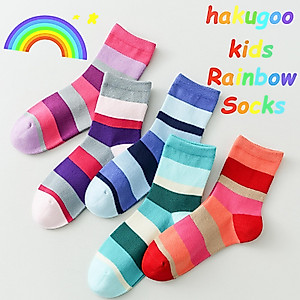 hakugoo Kids Crew Socks Seamless Boys Girls Rainbow Stripes Socks Cotton Athletic Socks 6-8 Years Unisex Cute Fun Socks Boot Socks 5 Pairs (Set B,L)