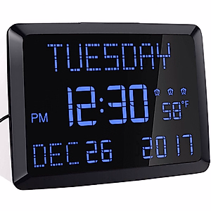 Digital Wall Clock, 11.5" Extra Large Display Calendar Alarm Day Clock with Date and of Week, Temperature,2 USB Chargers,3 Alarms, 5 Dimmer& 12/24Hr LED Desk for Office, Living Room, Bedroom, Elderly