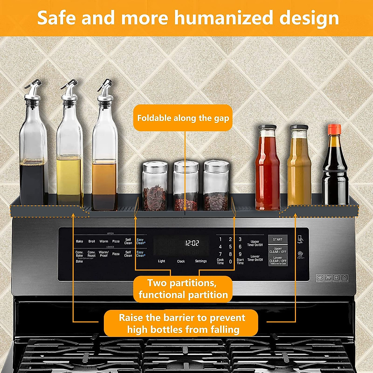 Silicone stove top shelf 30",JOOKKI magnetic over stove top shelf for kitchen stove,oven shelf for back with Zero Installation,over the stove spice rack With With partition and perimeter fence.(gray)