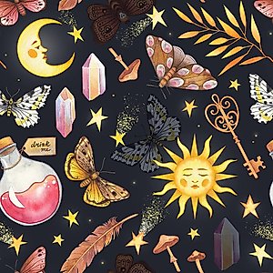 BEETAL Black Navy Fantasy Magical Sun Moon Crystal Butterfly Mushroom Stars Peel and Stick Wallpaper Easy Peel Off Contact Paper Stick on Adhesive Wall Paper for Bathroom Waterproof Renter