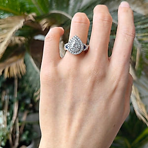 DovEggs Moissanite Engagement Rings for Women 3.1ctw Total 6x8mm GHI Pear Cut Moissanite Vintage Double Halo Wedding Ring Moissanite&Sapphire Accents 14k Gold QUALITY Sterling Silver Two Tone （7.5）