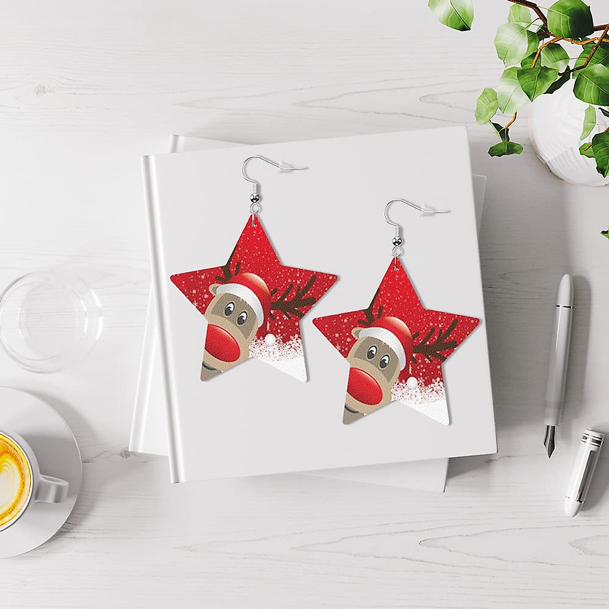 Swono Cartoon Reindeer Leather Earrings Christmas Cute Deer Red Hat Snow Snowflake Star Faux Leather Earring Lightweight Dangle Drop Earrings for Women Girls