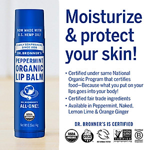 Dr. Bronner's - Organic Lip Balm (Peppermint, 0.15 ounce, 6-Pack) - Made with Organic Beeswax and Avocado Oil, For Dry Lips, Hands, Chin or Cheeks, Jojoba Oil for Added Moisture, Cooling and Hydrating