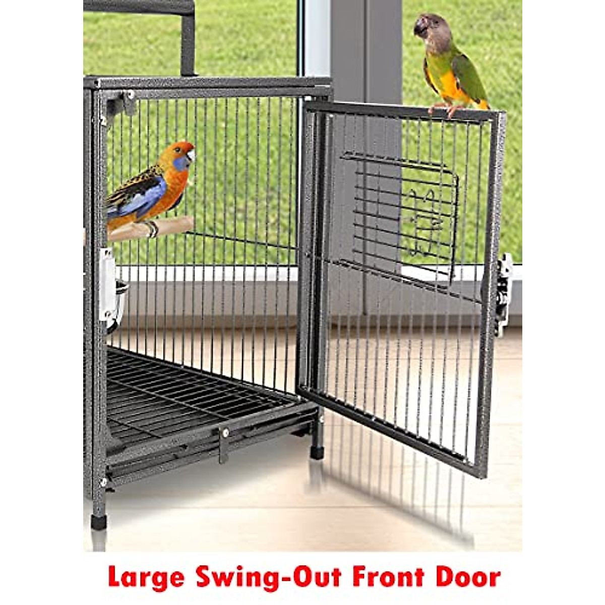22” Portable Heavy Duty Travel Bird Parrot Carrier Play Stand Perch Cage Feeding Bowl Stand with Handle and Accessories (White)