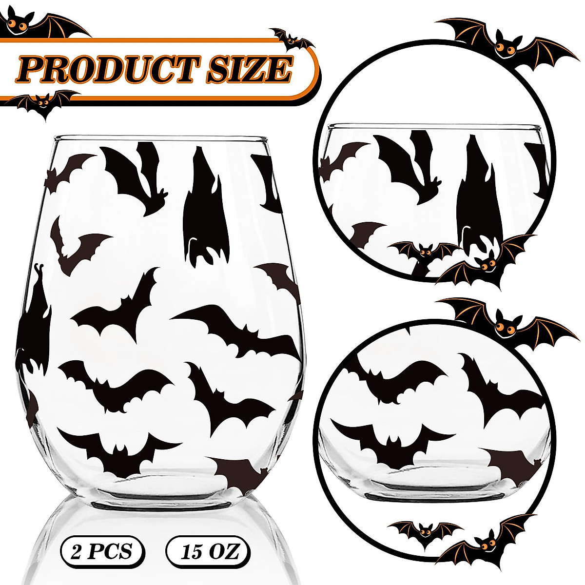 Whaline Halloween Wine Glasses Set of 2 Bat Stemless Wine Glasses 15 Oz Halloween Party Drinking Glasses for Trick or Treat Birthday Party