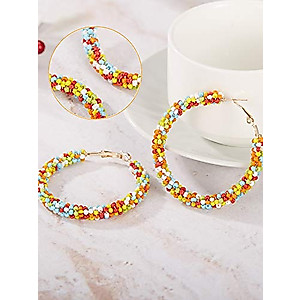 6 Pairs Bohemian Beaded Hoop Earrings Women Colorful Handmade Large Circle Dangle Drop Earrings for Women(Cute Colors)