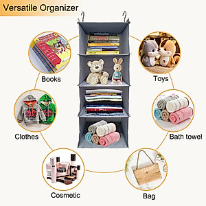 Taoomeho Hanging Closet Organizers and Storage Set,4-Shelf Foldable Hanging Storage Shelves and Dual-Sided Storage Bags，Great for Clothes Bag Bra Underwear Underpants Socks Organization Storage，Gray