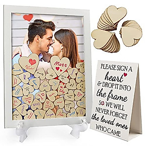 LotFancy Wedding Guest Book Alternative, Drop Top Frame, Heart Drop Wood Guest Book with Stand, 87 Wooden Hearts, 2 Pens, Rustic Wedding Decorations for Reception Baby Shower, Birthday, Graduation