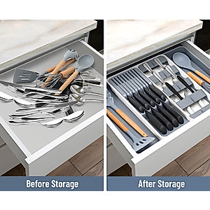Kitchen Drawer Organizer, Silverware Organizer w/ Knife Block, Expandable Utensil Organizer and Cutlery Tray for Drawers, Large Silverware Tray for Kitchen Utensils Flatware Knives Storage & Organize