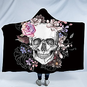 Sleepwish Sugar Skull Plush Wearable Hooded Blanket Skull Flowers Floral Watercolor Fleece Blanket Poppy Rose Sherpa Blanket (Adults 60"x 80")