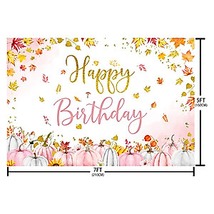 AIBIIN 7x5ft Happy Birthday Backdrop for Sweet Grils Fall Birthday Party Decorations Blush Pink Pumpkins Gold Glitter Maple Leaf Photography Background Bday Banner Photo Shoot Props