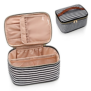 OCHEAL Makeup Organizer Bag, Travel Makeup Bag Organizer Case Portable Cosmetic Bag Make Up Bag for Women And Girls Cosmetics Toiletries with Brushes Slots and Divider-Black/White Stripes