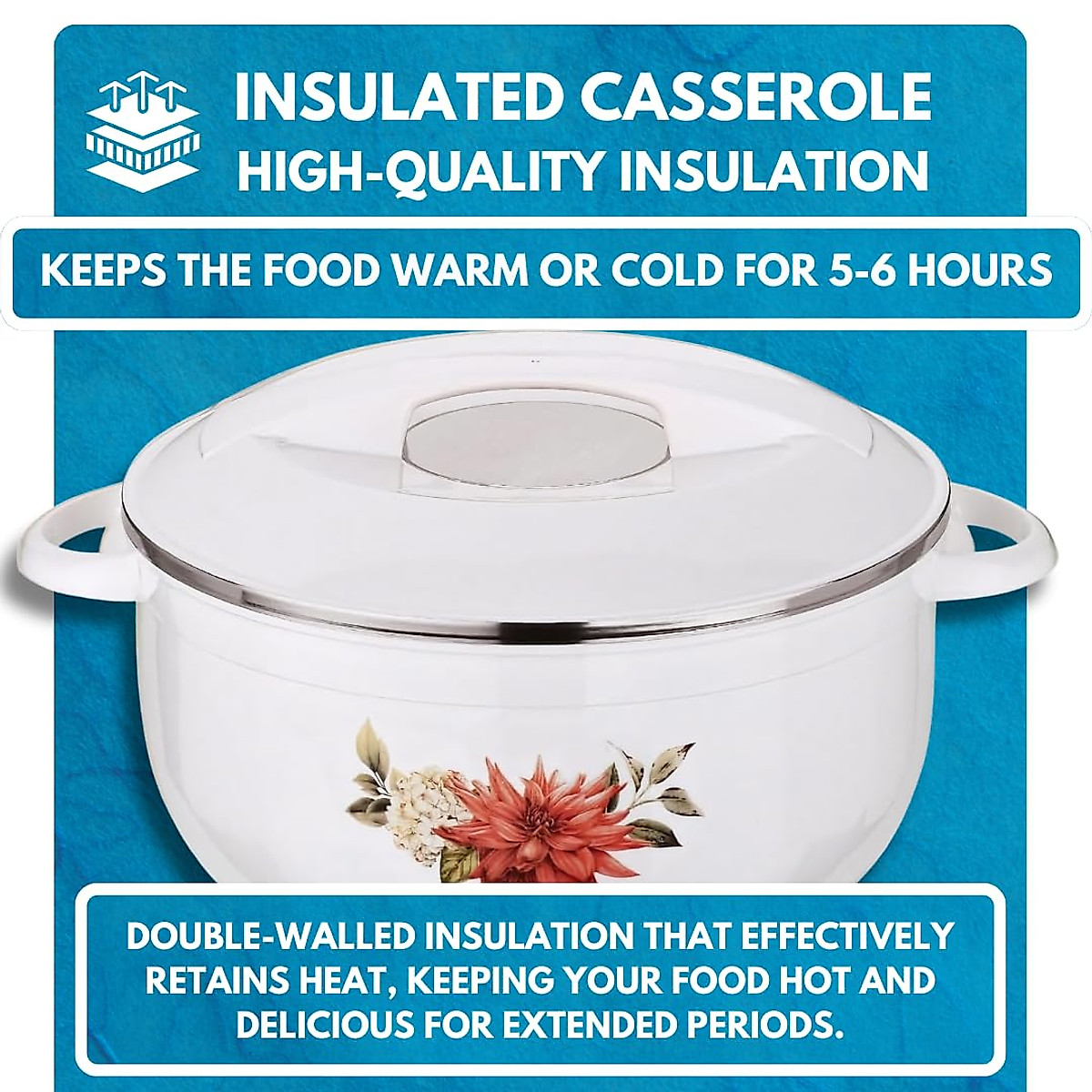 Nova Casserole, Stainless Steel insulated Hot Pot, Elegant Food Warmer Cooler, Thermal Serving Bowl, Keeps Food Warm, Hot & Cold for Long Hours for Hours Set of 3 Pcs (1.0L 1.6L 2.5L) (White)