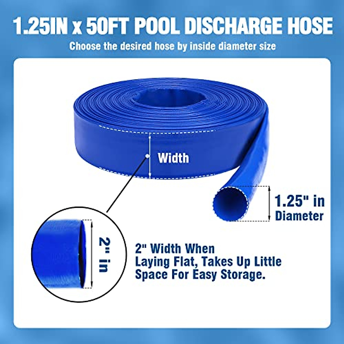 1.25" Dia x 50 ft Discharge and Backwash Hose for Swimming Pools, Heavy Duty Reinforced Lay Flat Discharge Hose for Water Transfer Applications
