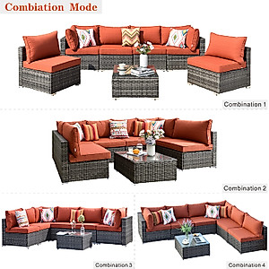 XIZZI Patio Furniture Sectional Sofa with Glass Table 7 Piece Outdoor Patio Furniture Sets All Weather Wicker Rattan Couch, Backyard Patio Conversation Sets (Orange Red)