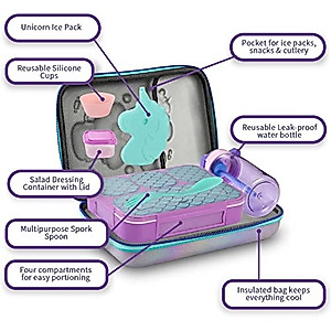 BDBKYWY Unicorn Lunch Bag Lunch Box Set - Insulated Lunch Bag with 4 Compartment Bento Box Ice Pack Water Bottle Silicon Cap Spoon Salad Container for Lunch Kid's School Supplies Ideal for Age 7-15