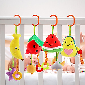 KAKIBLIN Baby Hanging Toys, 4 Pack Carseat Toys,Early Baby Cognitive Sensory Hanging Bassinet Toys,Soft Hanging Toys for Crib Stroller Baby Gym Mobile Plush Toys,Suitable for Babies 0-12 Months,Fruit