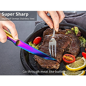 Rainbow Serrated Steak Knife 4 Piece Set, German High Carton Stainless Steel Blade for Home Restaurant