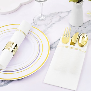 Nervure 100PCS Gold Paper Napkins with Built-in Flatware Pocket - White and Gold Prefolded Cloth Like Disposable Napkins - Heavy-duty Linen-Feel Dinner Napkins for Party & Wedding & Dinner