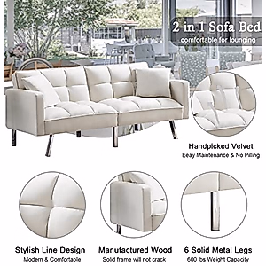Velvet Convertible Futon Sofa Bed with Two Pillows, Modern Upholstered Sleeper Sofa Couch with 3 Adjustable Backrests and 6 Solid Metal Legs, Twin Size Loveseat Recliner for Living Room (Off White)