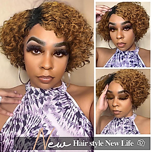 Quantum Love Human Hair Wigs Curly Wave Side Part Wig Short Bob Pixie Cut Brazilian Remy Human Hair Deep Curly None Lace Front Wigs for Women Ombre Black Brown Color