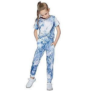 Arshiner Tie Dye Jogger Sets for Girls Casual Twist Front Tops & Pants Set Dusty Blue 8-9 Years Old