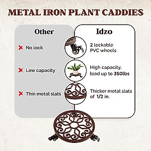 Idzo Cast Iron Caddy Plant Dolly with Lockable Caster Wheels for Indoor Outdoor Holds up 380 Lbs Pots Planter, 12 inch, Round Metal