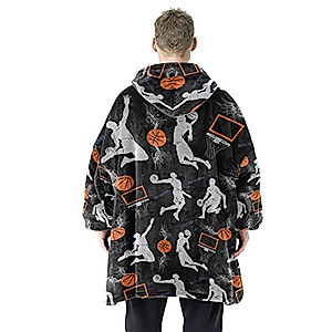 NZOOHY Sherpa Blanket Hoodie Basketball Sport Pattern Wearable Blanket Oversized Hoodie Blanket Gift for Adult Women Men Teens, One Size Fits All