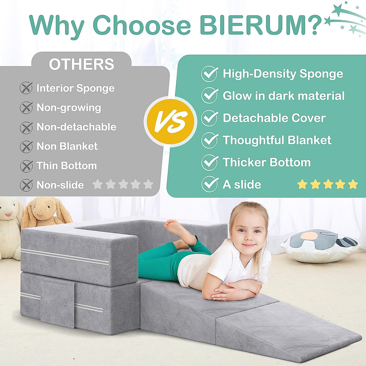BIERUM Toddler Couch with Blanket, 3-in-1 Kids Couches and Sofas Fold Out, Convertible Sofa to Playful Slide for Girls and Boys, Extra Softer Kids Sofa Chair for Bedroom Playroom