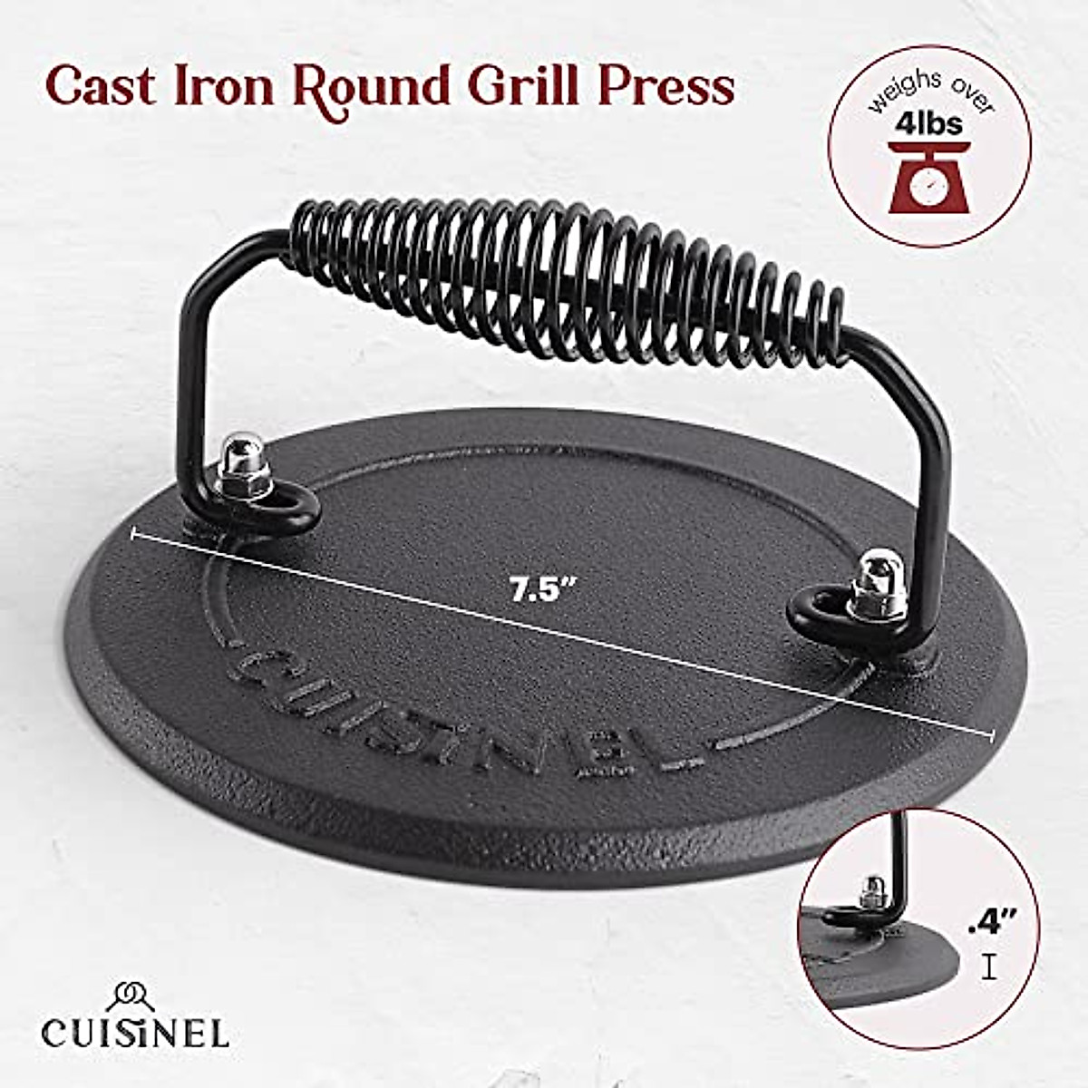 Grill Press - Cast Iron Burger Press for Bacon, Steak and Smashed Hamburgers - 7.5"-inch Diameter Round Pre-Seasoned Heavy Duty 4-lb. Weight Sandwich and Panini Maker - Griddle, BBQ Grill Accessory
