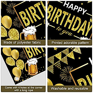 Black and Gold Happy Birthday Banner Decorations, Black Gold Happy Birthday Theme Backdrop Party Sign Supplies, 21st 30th 40th 50th 60th 70th 80th Birthday Poster Background Photo Booth Props Decor