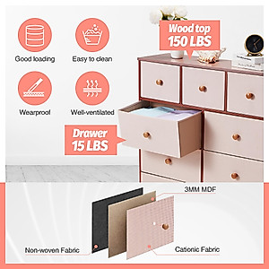 Sapodilla Pink 9 Drawers Dresser for Girls Bedroom,Chest of Drawers with Metal Frame Side Hook Wood Top,Large Capacity Closet Dresser in Living Room Hallway Storage Room (Pink, 9 Drawers)