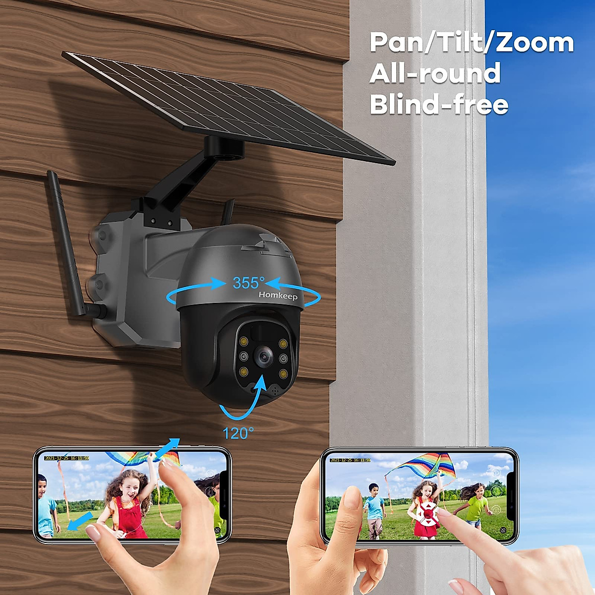 Security Camera Wireless Outdoor/Home, Solar 360° PTZ Surveillance System with 24000mAh Battery, Color Night Vision, WiFi, PIR Motion Detection, APP Alert Push, Spotlight and Siren, Two-Way Talk, IP66