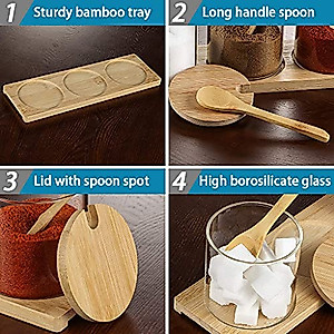 MDLUU Condiment Jars with Bamboo Lids and Spoons, Seasoning Box Set with Bamboo Tray, Spice Containers for Sugar, Salt, Pepper, 300ml/10oz, Pack of 3