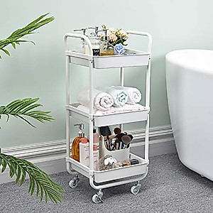TOOLF 3-Tier Storage Rolling Cart, Kitchen Utility Cart with Wheels, Plastic Organiser Cart Rolling Trolley Shelving Unit, Storage Rack, Fruit Vegetable Rack