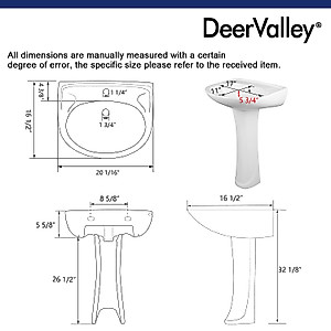 DeerValley DV-1P525 Ally 20" X 17" Modern U-Shape White Ceramic Pedestal Bathroom Sink With Overflow