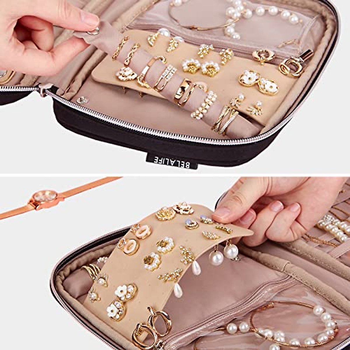 BELALIFE Travel Jewelry Organizer, Portable Jewelry Storage Case for Earrings, Rings, Necklaces, Bracelets, Black