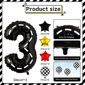 40Inch Race Car Balloons Race Car Theme Birthday Party Supplies Racing Number 3 Balloon Checkered Star Balloons 3rd Car Party Decorations for Boys Racing Truck Wheels Party Supplies Favor