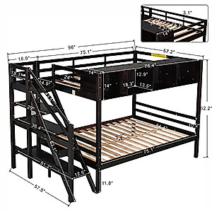DEYOBED Twin Over Full Wooden Bunk Bed with Storage Staircase and Cabinets for Kids Teens