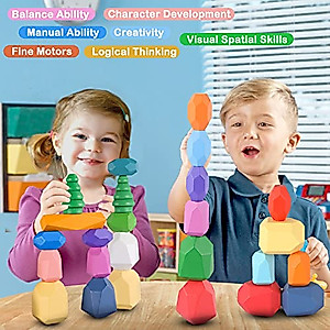 Wooden Stacking Rocks Toys, Montessori Toys for 1 2 3 year old, Stacking toys for toddlers, Sensory Educational Preschool Learning building blocks toys for Kids age 3-5, Birthday Game Gift Boys Girls