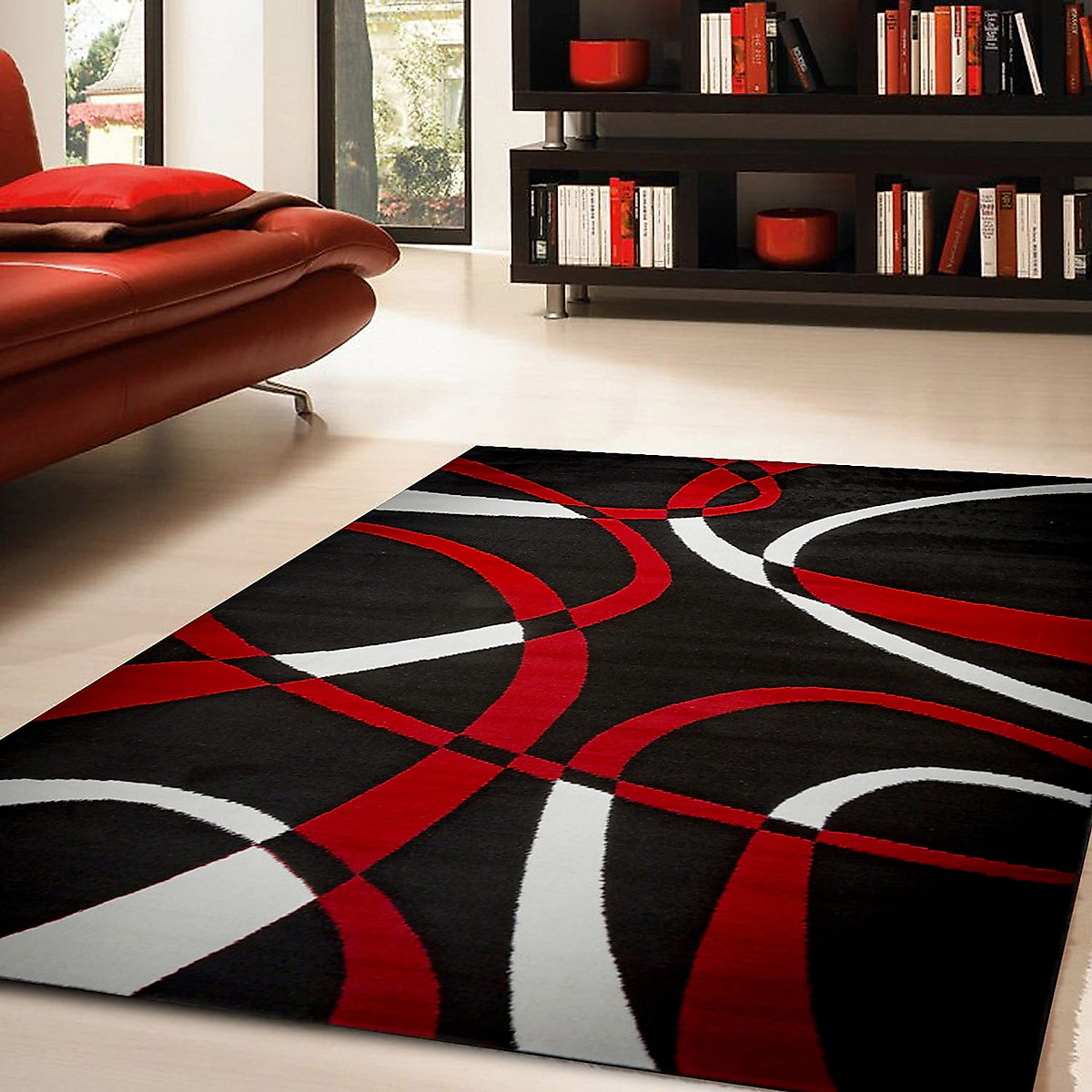 Msrugs Area Rugs, 5x7 Frize Collection Modern Black Red White Area Rug, Contemporary Geometric Carpet for Living Room and Bedroom