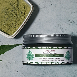 Clay Lotus Organic Face Wash - Acne-Prone, Oily Skin Cleanser with Tea Tree Oil & Neem. All-Natural Ingredients for Blemishes, Redness & Blackheads, Vegan Formula For Teens, Women and Men