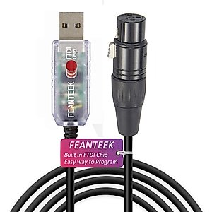 Feanteek USB to DMX Cable RS485 Adapter Converter 3PIN XLR Female DMX512 Interface Freestyler Software PC Control Dimmer Cable with FTDI Chip Support Win10 Mac OS (6FT/1.8M), Black
