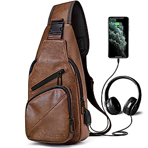 INNOSCENT SMELL PROOF Sling Bag Backpack -COMBINATION LOCK- Lightweight Waterproof Shoulder Crossbody Bag with USB/Headphone Charging Port Brown Leather.
