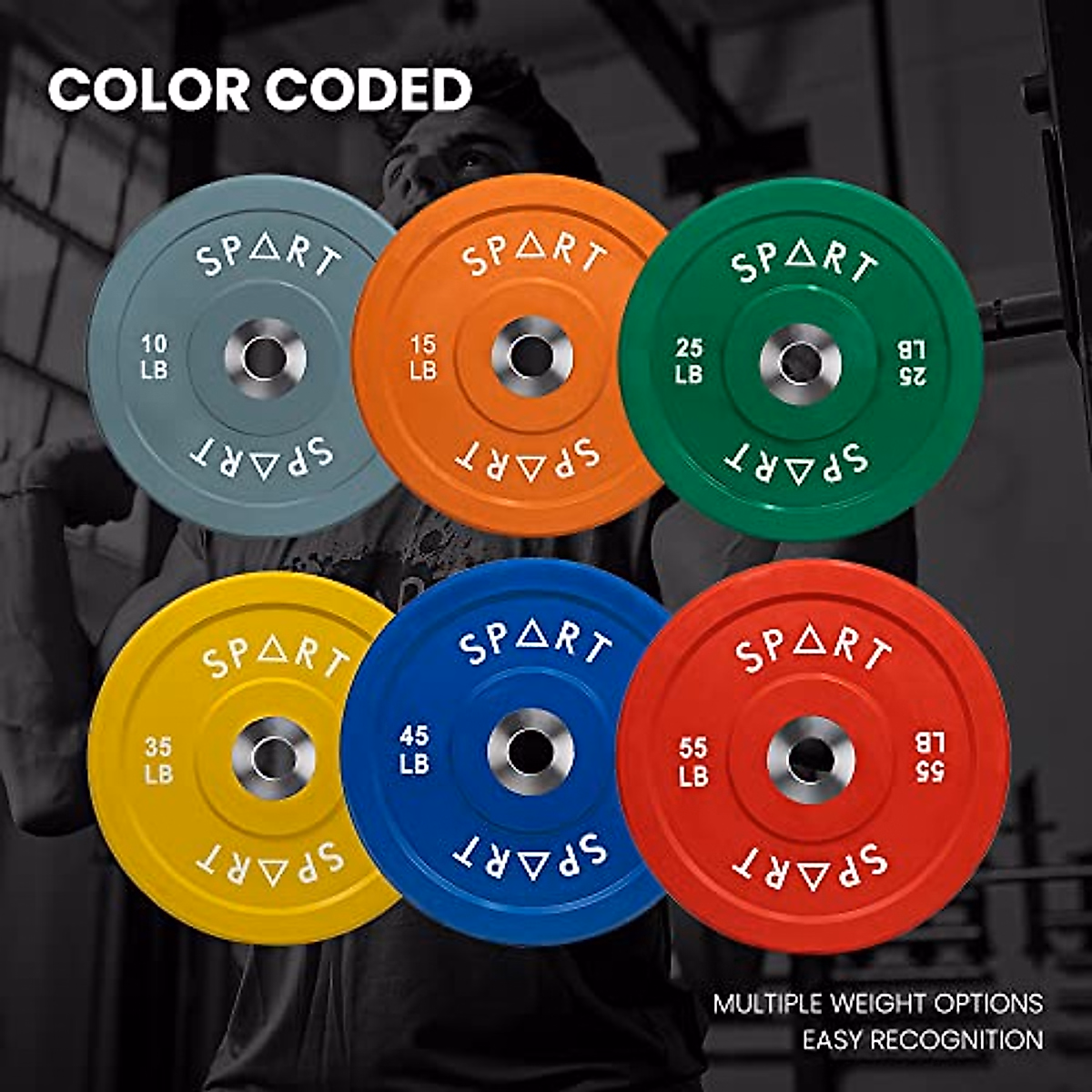 SPART Color Coded Olympic 2-Inch Rubber Bumper Plate 190LB Set, Weight Plate with Stainless Steel Insert Hub for Strength Training, Weightlifting and Crossfit