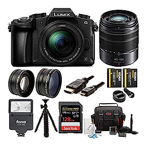 Panasonic LUMIX G85 4K Mirrorless Camera with G Vario 12-60mm and 45-150mm Lens, 128GB SD Card, Camera Bag, Battery and Dual Charger, 58mm Lens Set, Digital Flash, Tripod and Cable Bundle (9 Items)