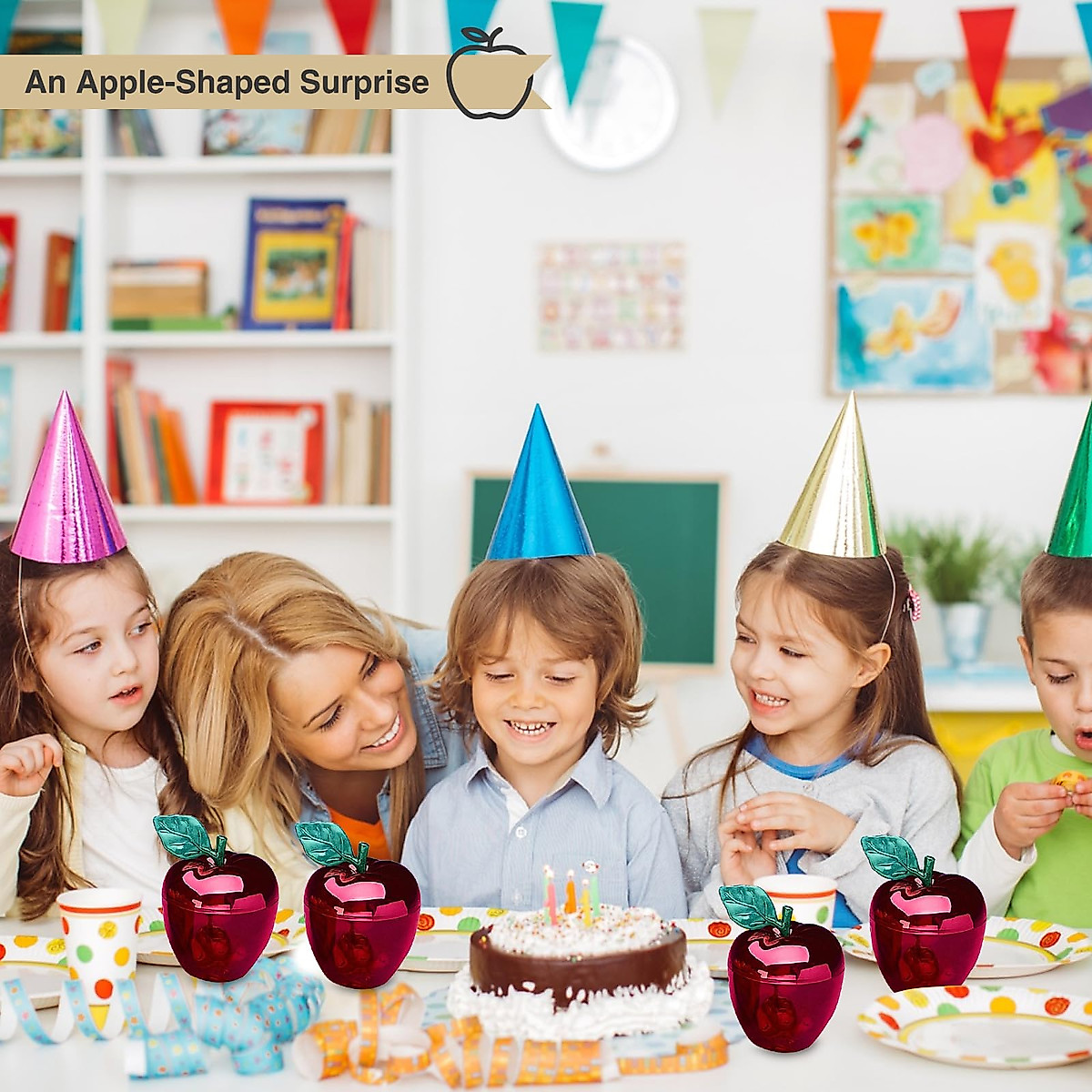 Fun Express Set of 12 Apple Containers for Treats, 3.75 x 4.75 x 1 inches, BPA Free Plastic, Teacher Gifts, Classroom Treat Containers, End of School and Back To School Celebrations (Red)