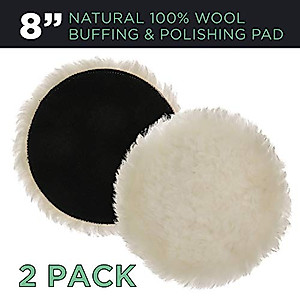 TCP Global 8" All Natural Premium 100% Wool Buffing Pad - 1" Thick Pile- Hook and Loop Grip Attachment Buffing & Polishing Pad (Pack of 2)